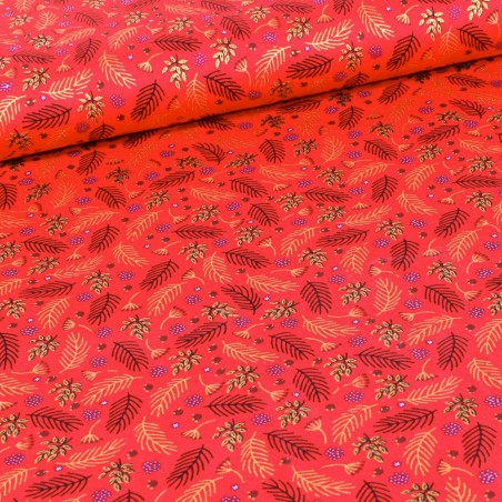 Tissu Coton BIO GAMM Houx dorés Noël s/fond Rouge de Couture & Mercerie ...